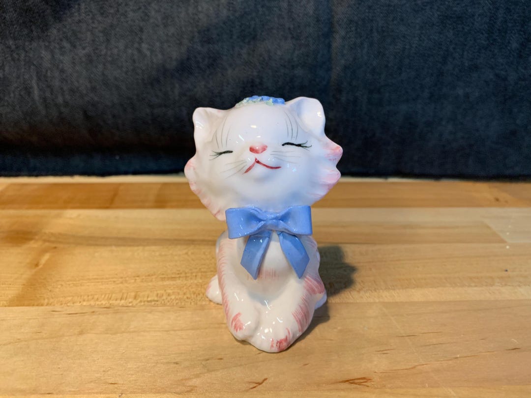 Vintage Pink Cat With Blue Bow and Flowers Figurine - Etsy