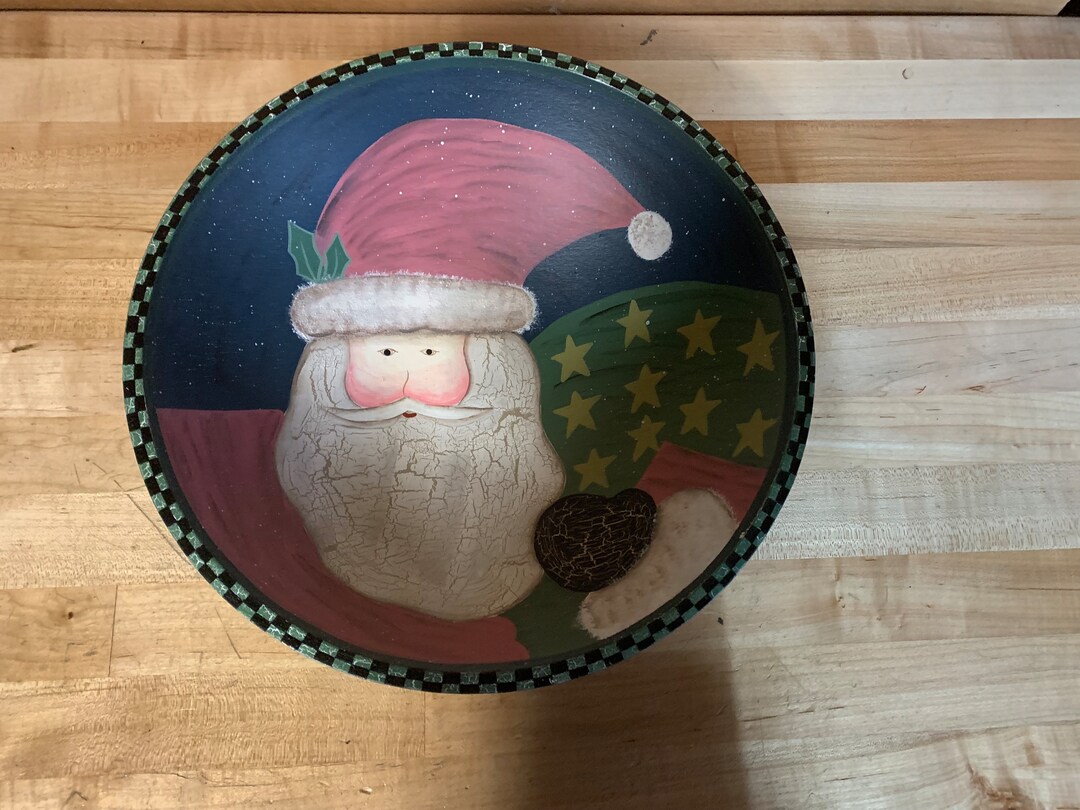 Large Decorative Folk Art Primitive Style Santa Head Bowl Christmas ...