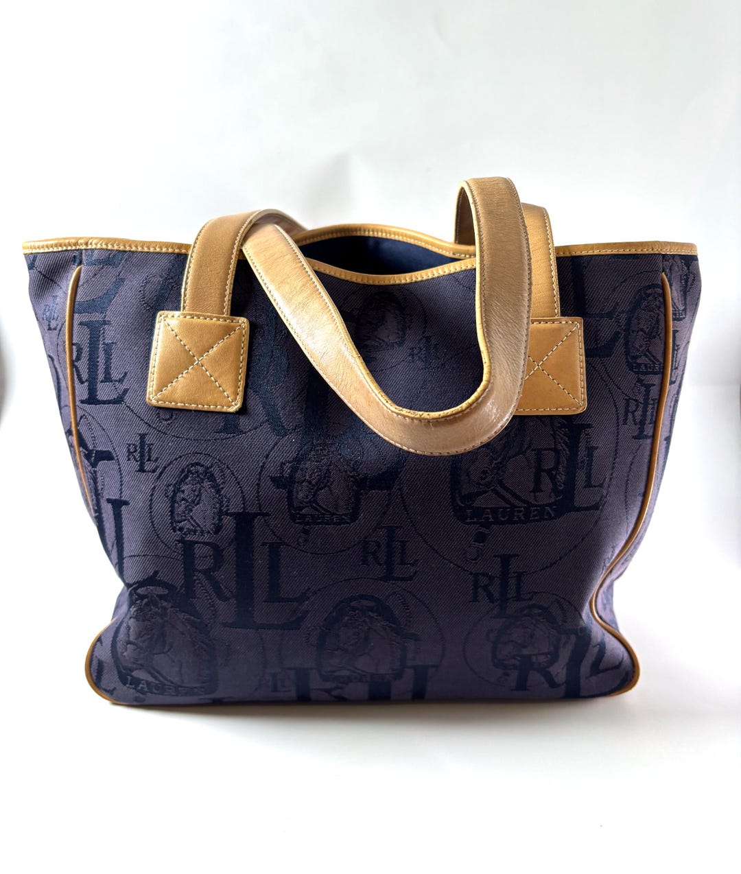 Ralph Lauren RL Blue Tan Monogram Canvas Tote With Leather Trim, Preppy ...