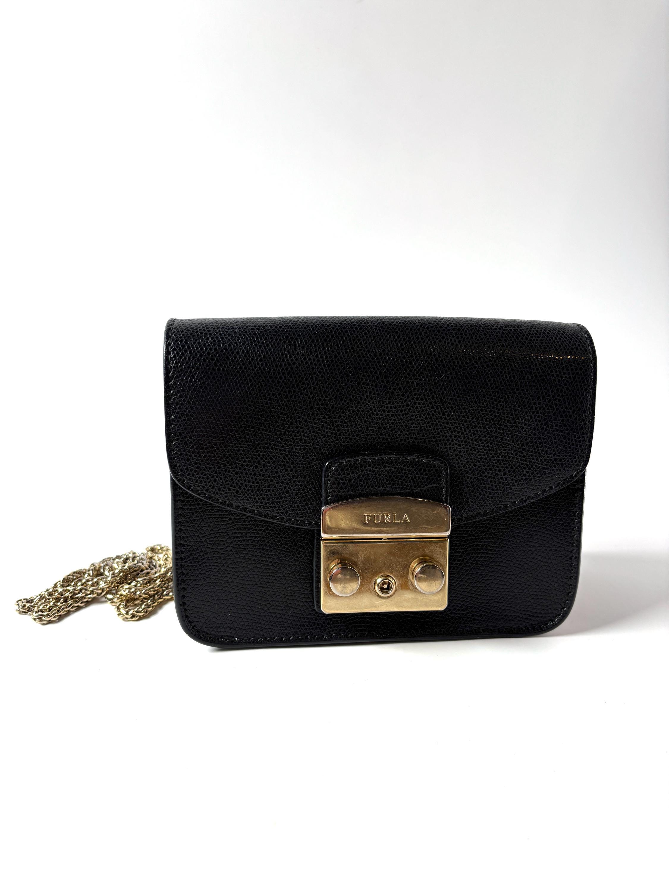 Furla Metropolis Black Leather Mini Crossbody – Gold Chain Shoulder Bag ...