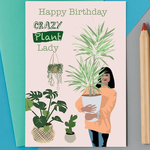 Happy Birthday Crazy Plant Lady Card Woman Proudly Holding a - Etsy