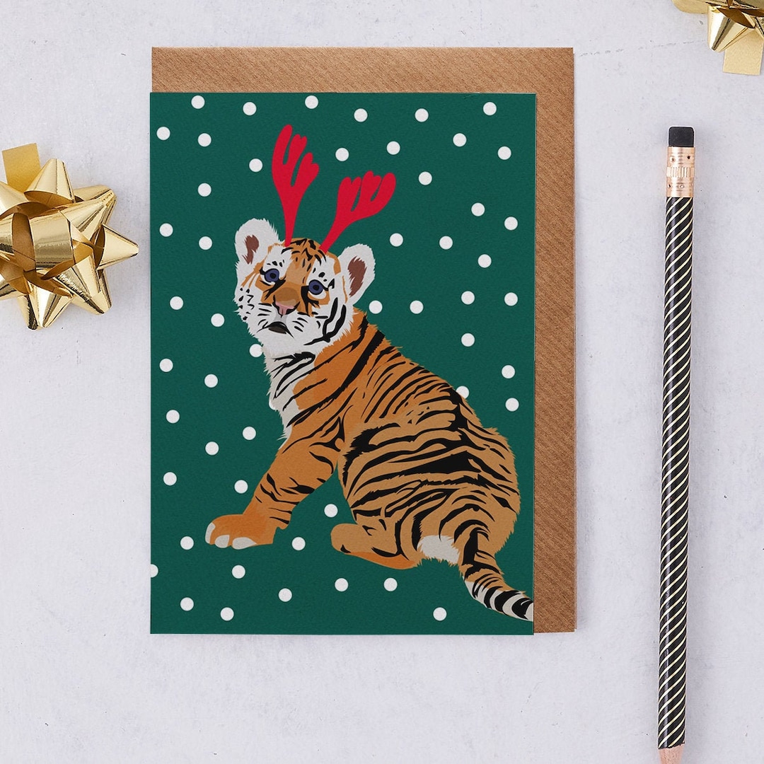 Christmas Tiger Cub Wearing Red Reindeer Antlers - Etsy