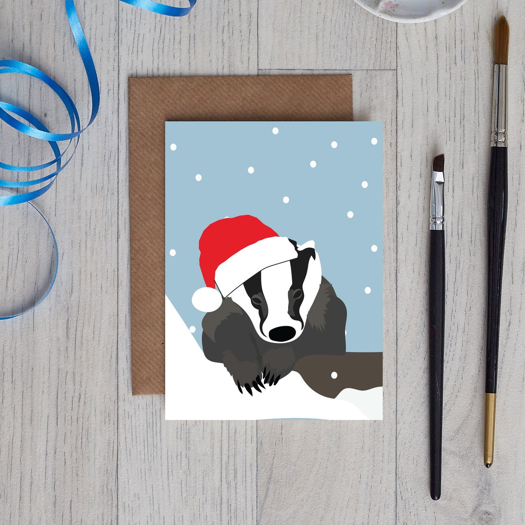 Christmas Badger Card Wearing a Santa Hat. - Etsy