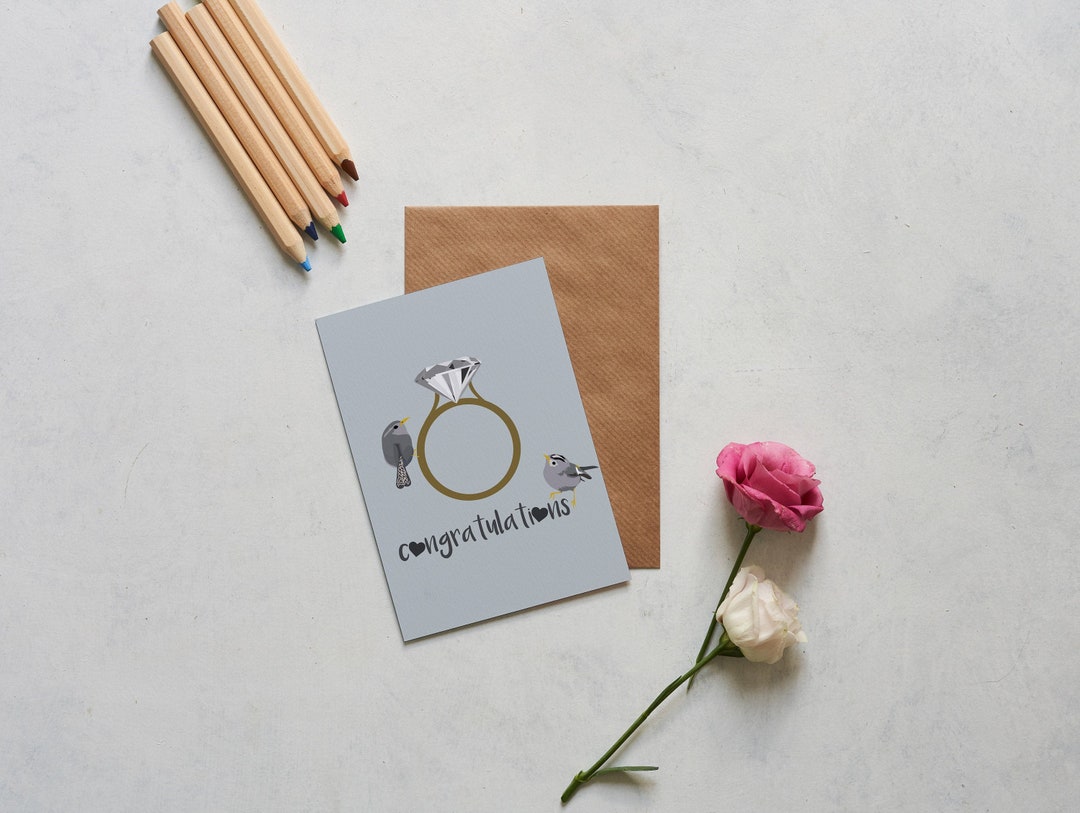 Engagement Card, Congratulations With Diamond Ring and Love Birds - Etsy