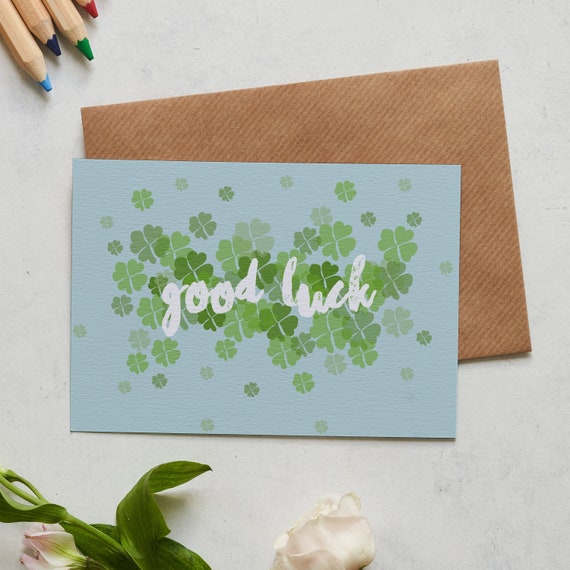 Good Luck Card With Green Four Leaf Clovers | Etsy