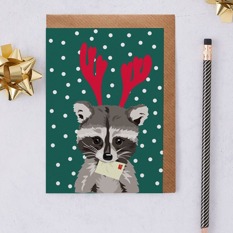 Christmas Raccoon Card Wearing Red Reindeer Antlers and - Etsy