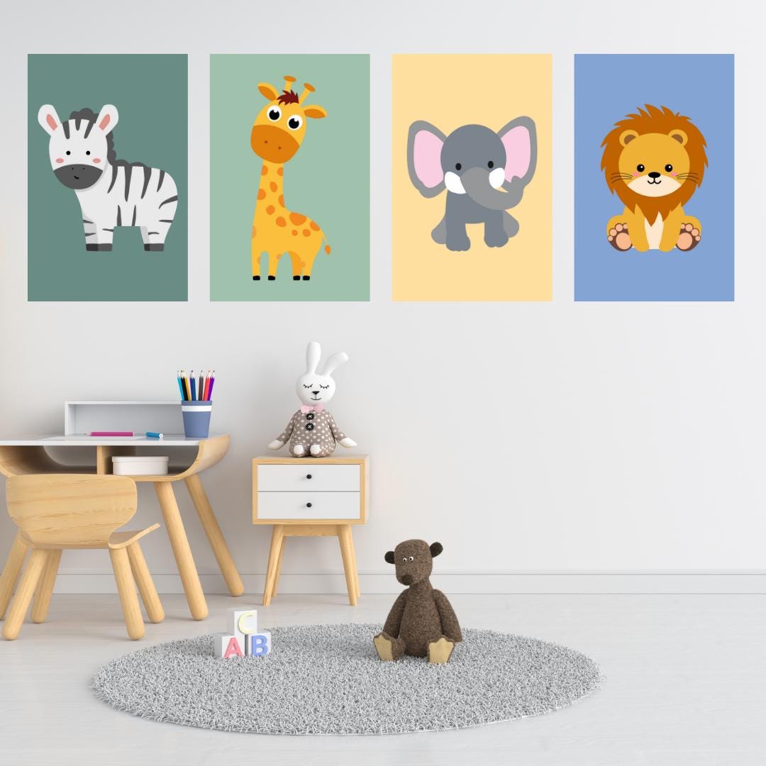 Set of 4 Safari Animal Nursery Posters - Cute Jungle Decor for Kids ...