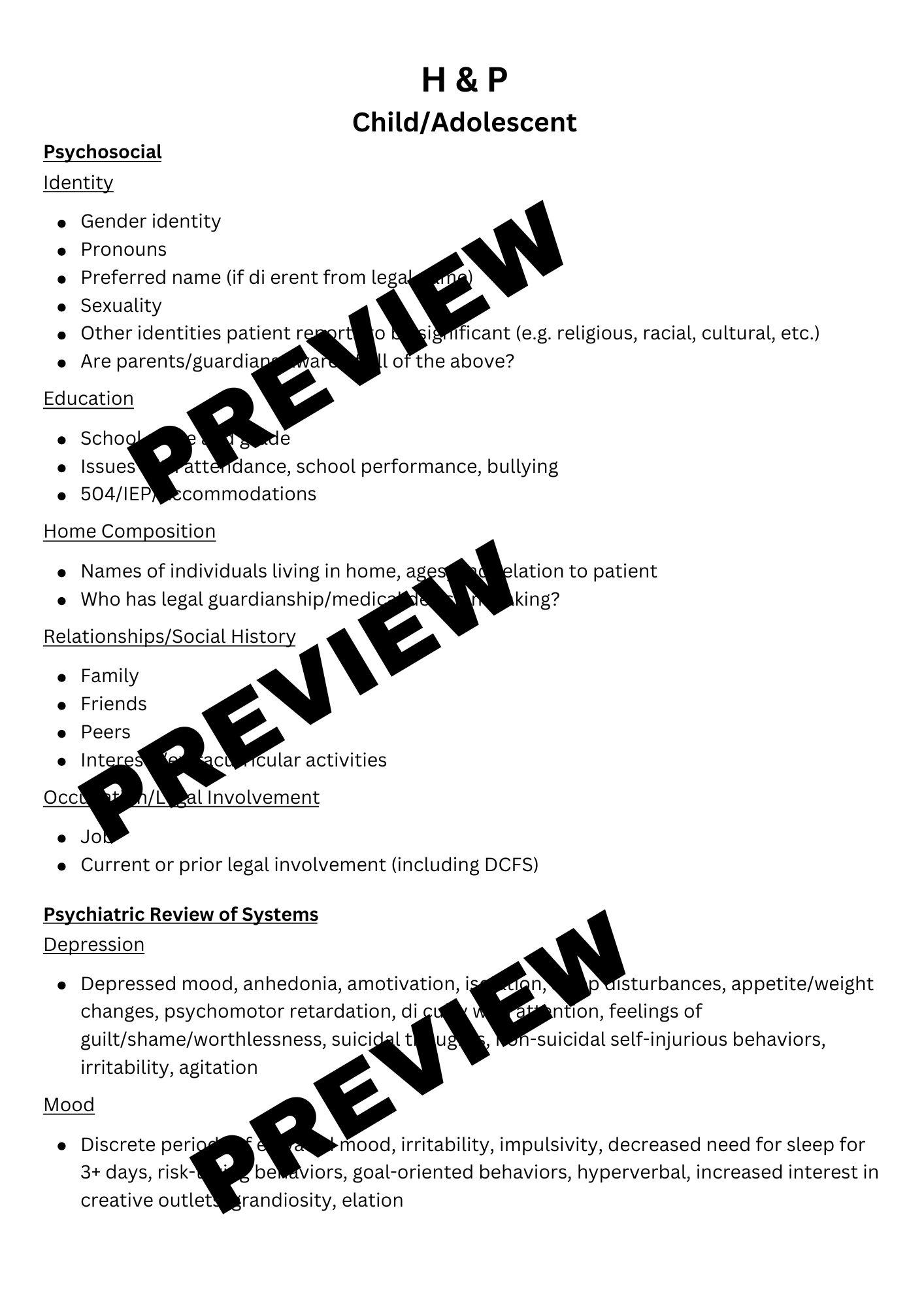 Psychiatric History and Physical - Psychiatric H & P Template, Child ...