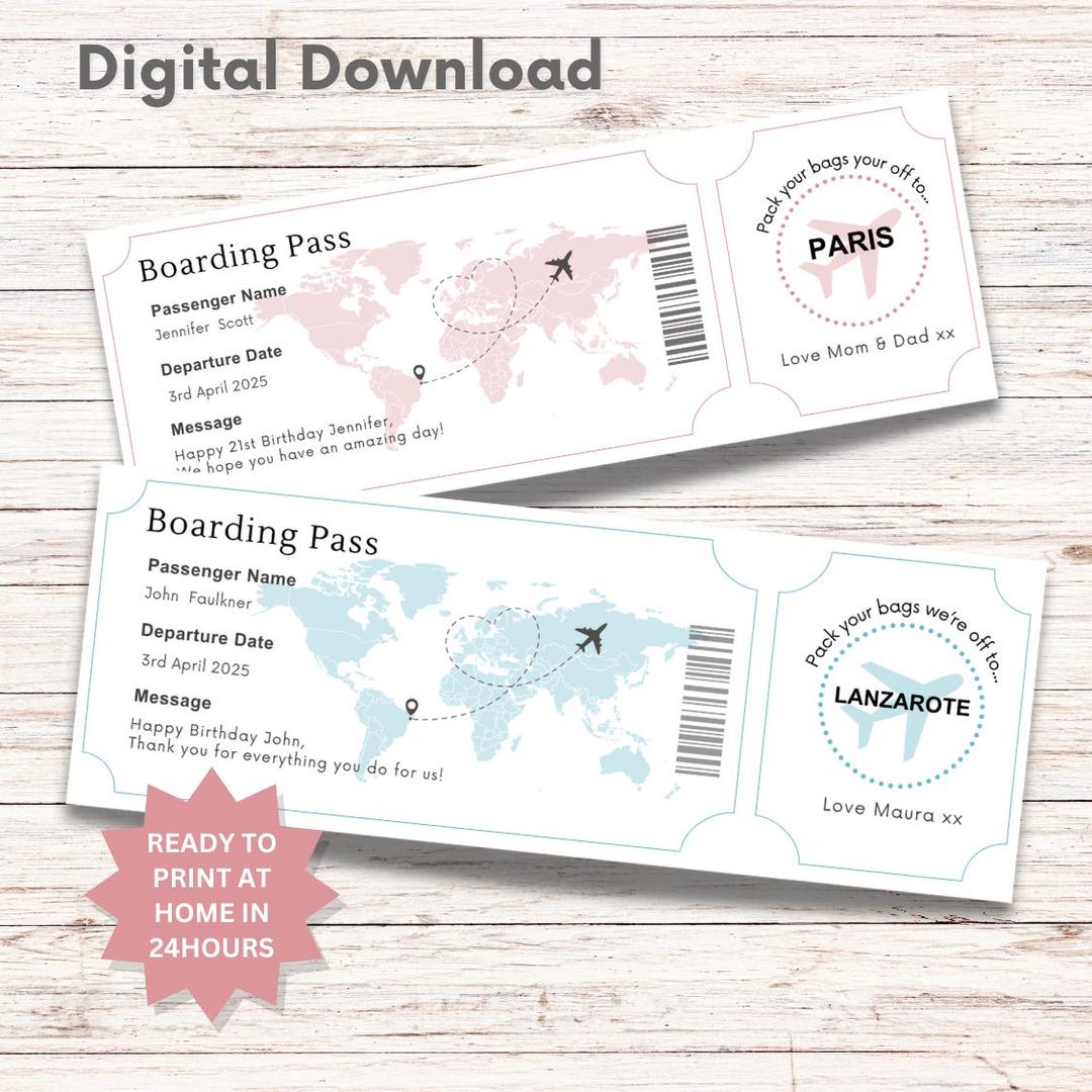 Custom Printable Boarding Pass, Custom Travel Ticket Download ...