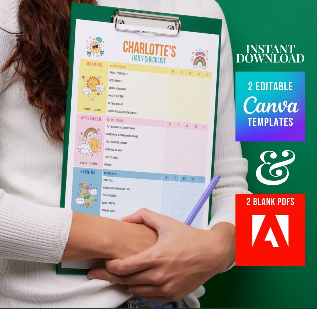 Kids School Checklist: Editable Chore Chart, Daily Planner (digital ...