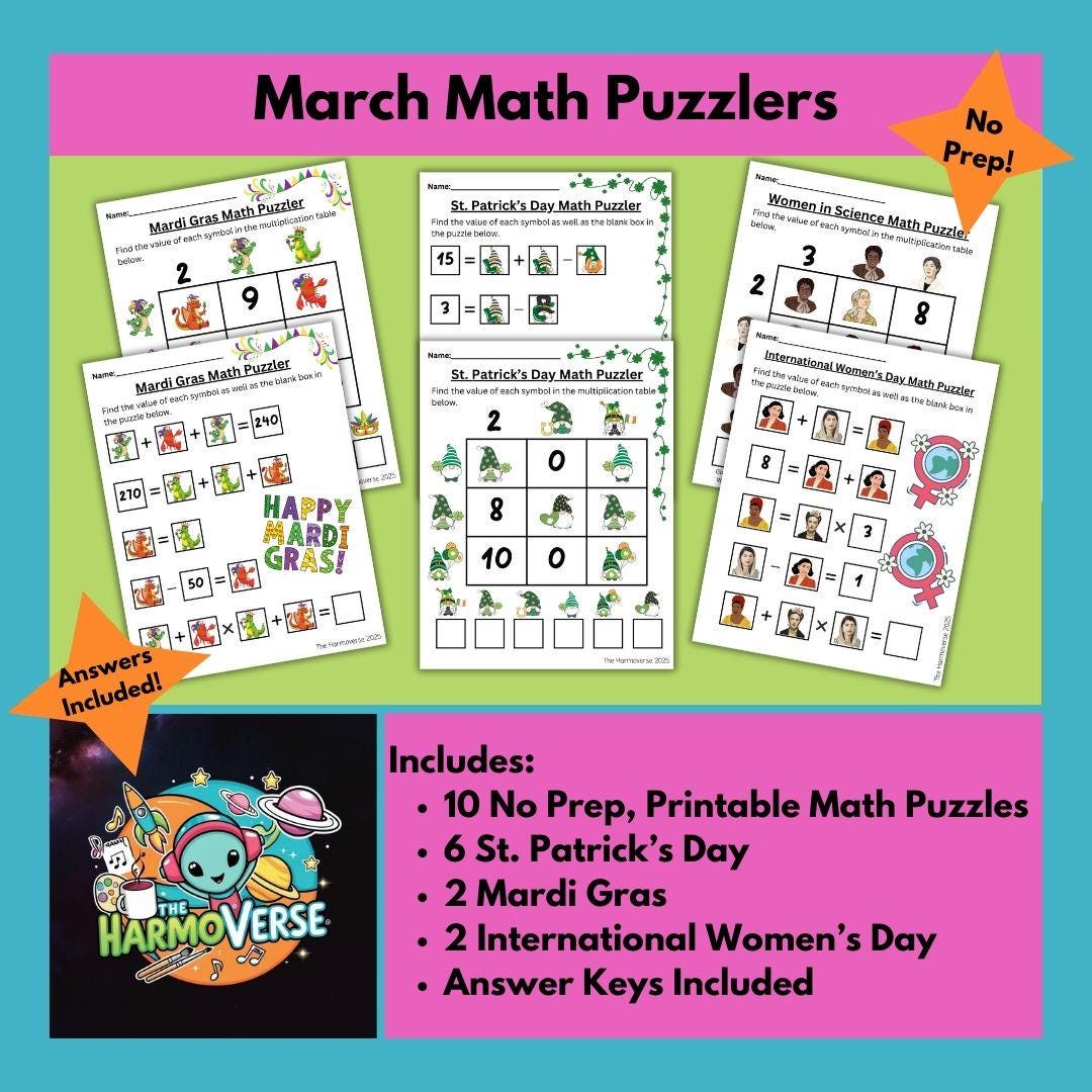 Printable, No Prep Worksheets. March Math Puzzles/st. Patrick's/mardi ...