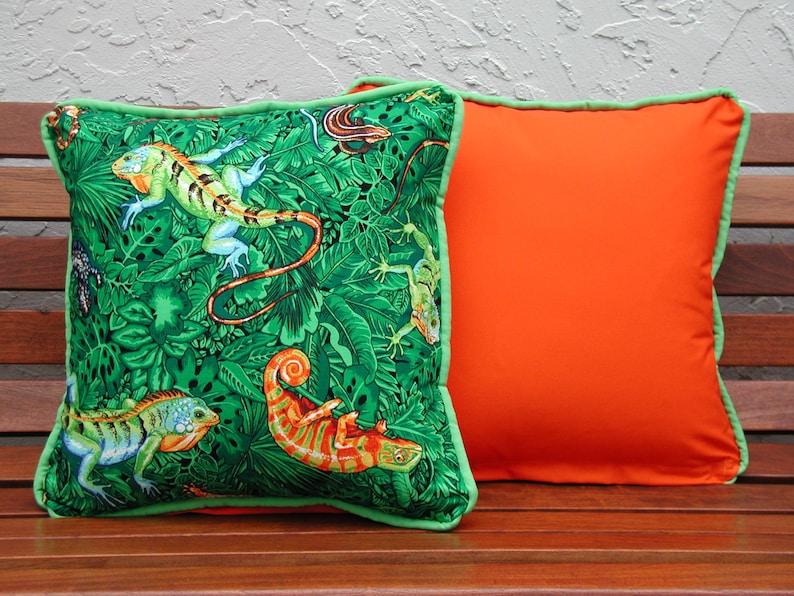 Lizard Pillows, Reptiles Rule Pillow, Bright Orange Pillow With Lime ...