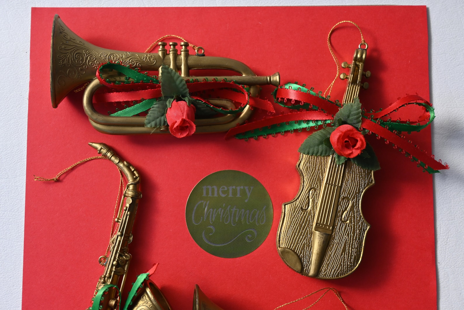 Golden Musical Instruments, Christmas Ornaments, Set of 4 Horns in Rosy ...