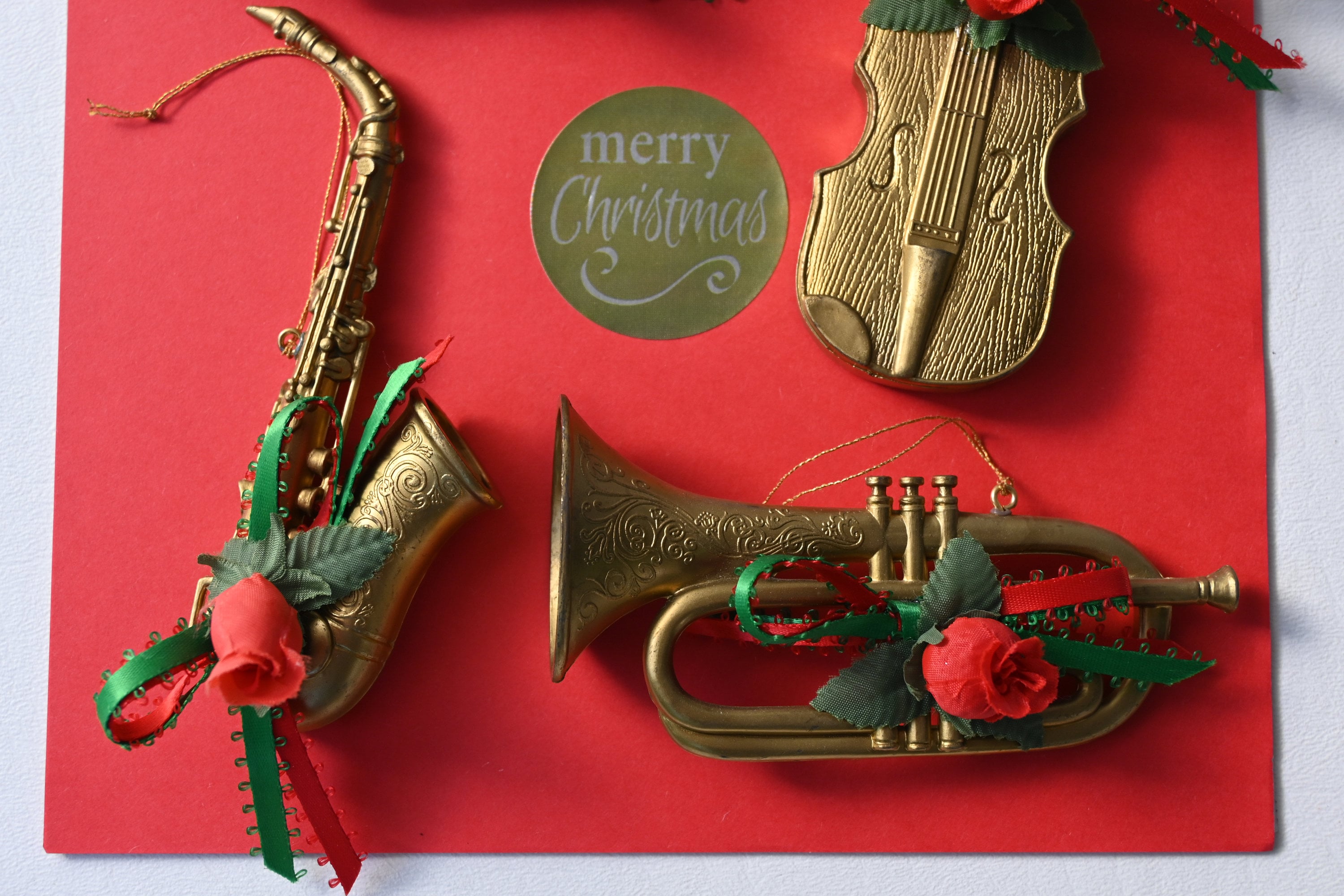 Golden Musical Instruments, Christmas Ornaments, Set of 4 Horns in Rosy ...