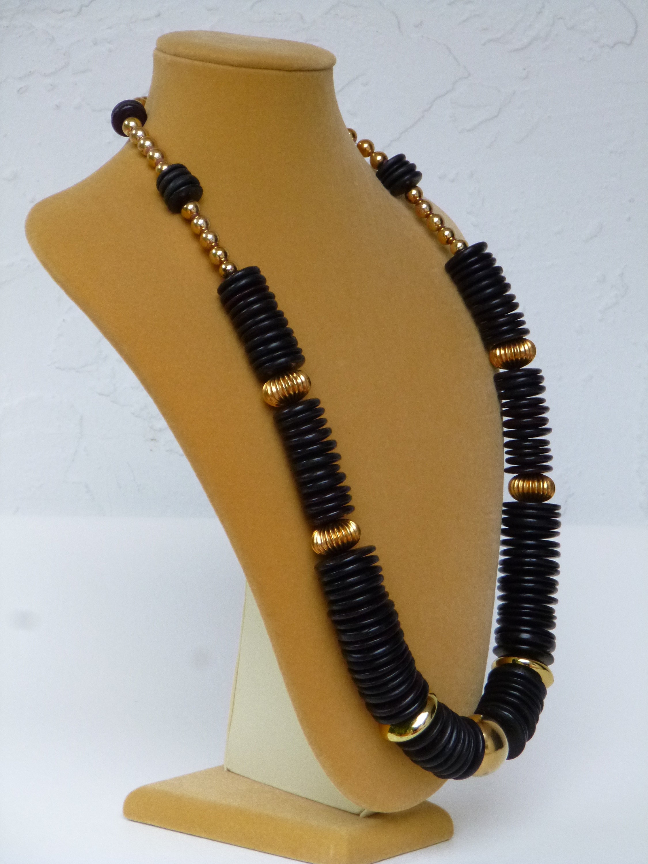Black Bead Necklaces Long 29 Inch Chunky Black and Gold - Etsy