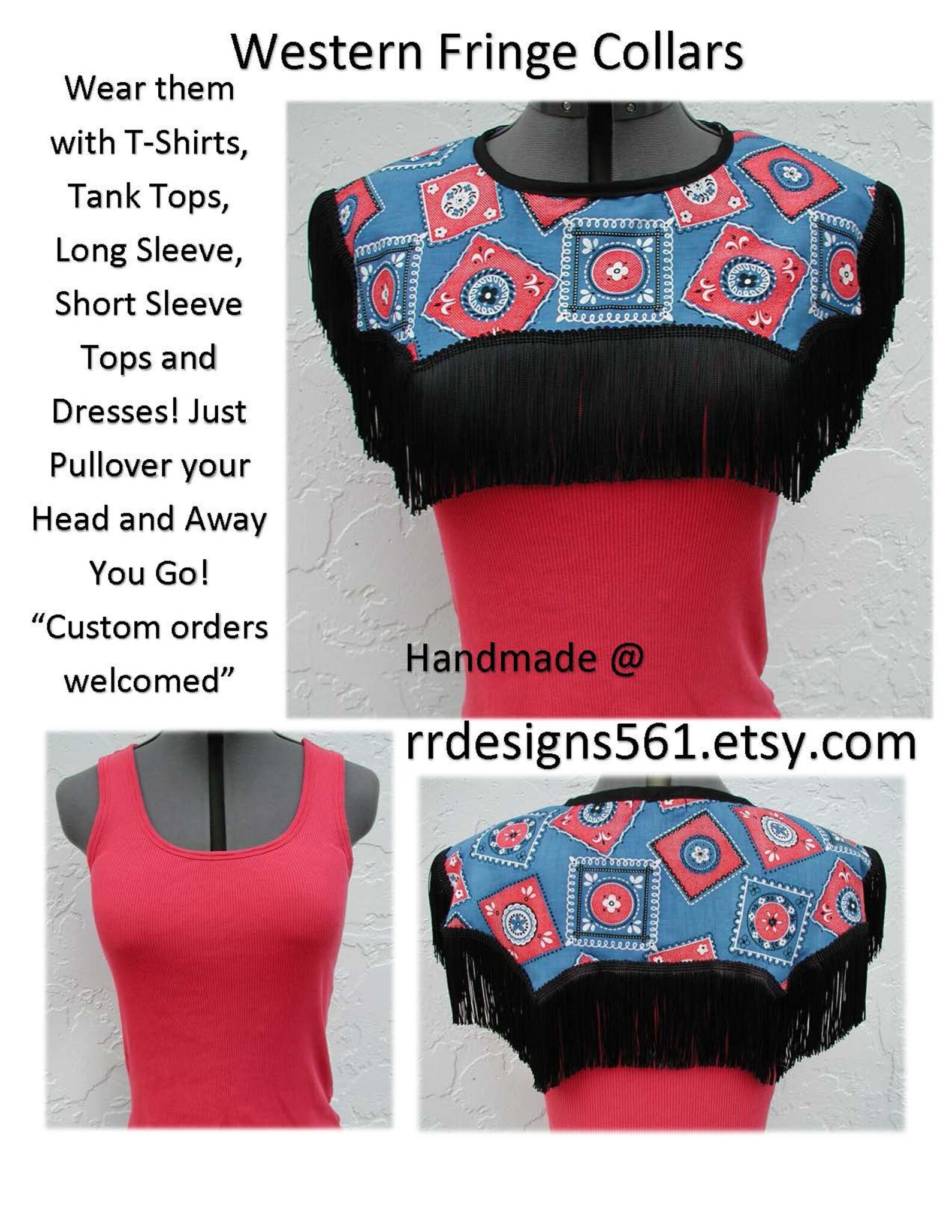 Fringe Neck Collar Chambray and Red Black Fringe Collar - Etsy