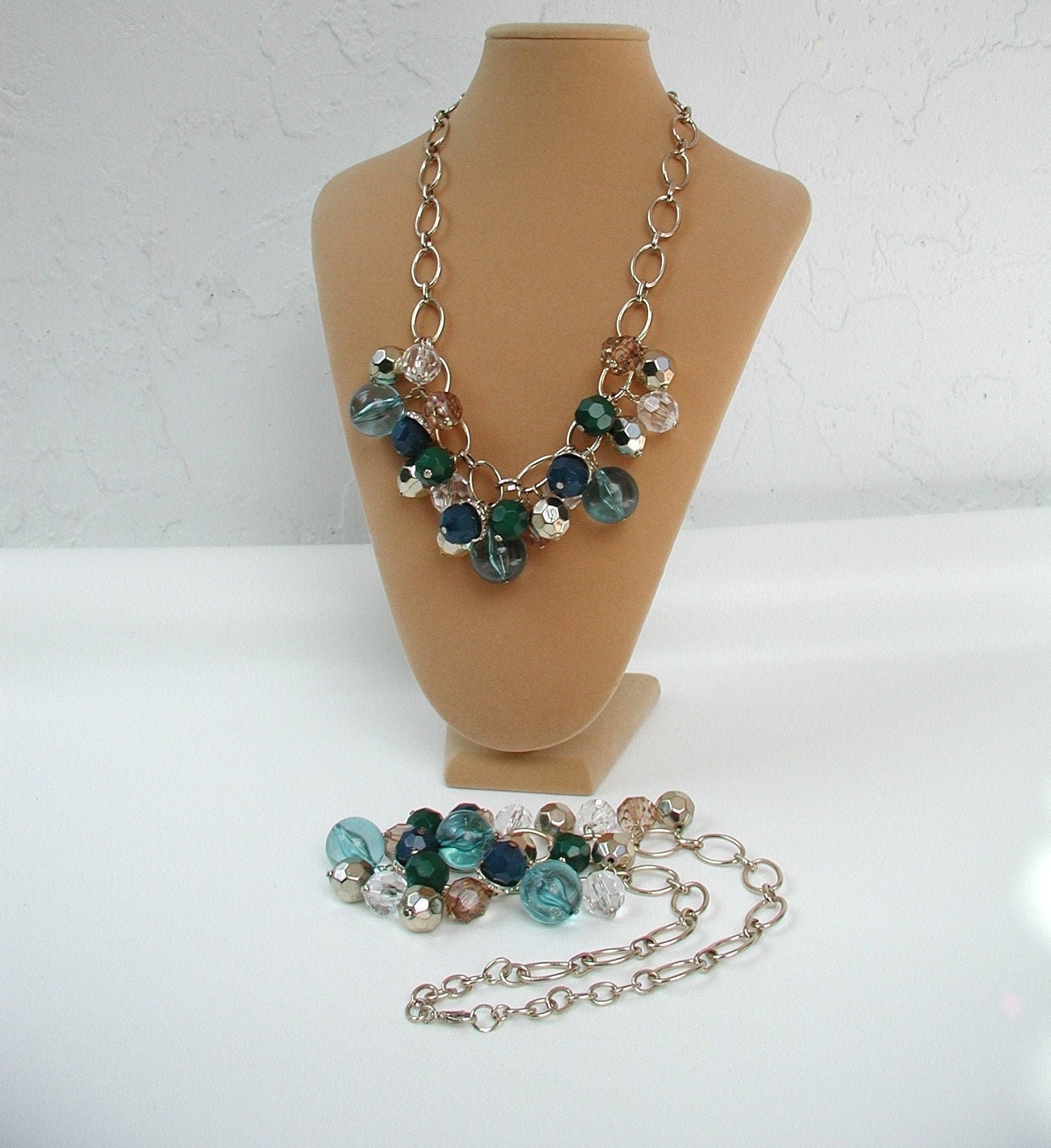 Turquoise Chunky Chain Necklace, Gold Tone Chain, Crystal Cluster Chain ...