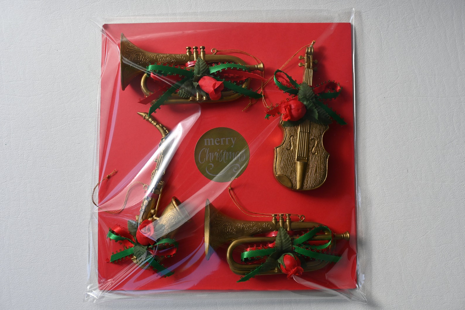 Golden Musical Instruments, Christmas Ornaments, Set of 4 Horns in Rosy ...