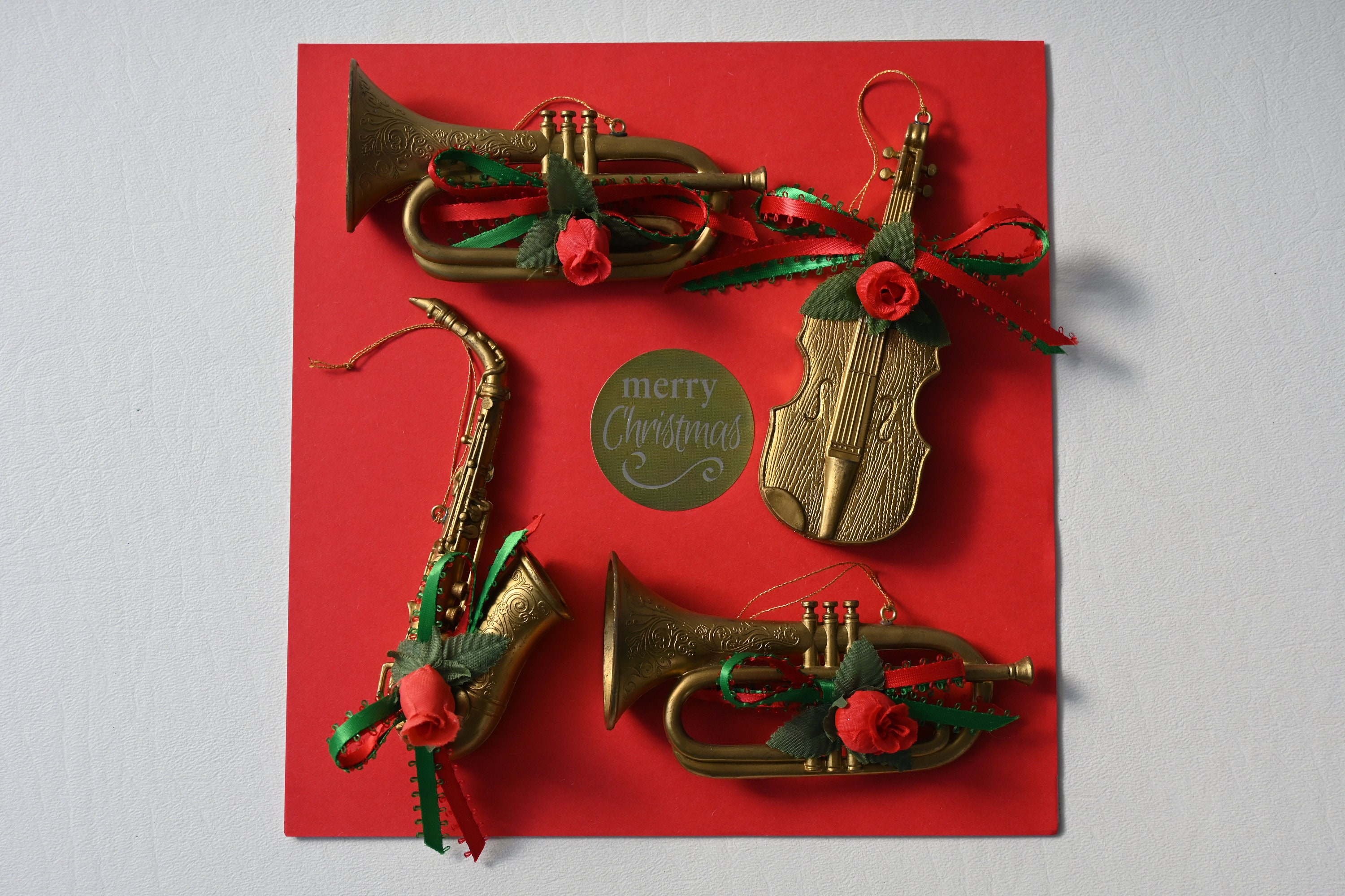 Golden Musical Instruments, Christmas Ornaments, Set of 4 Horns in Rosy ...