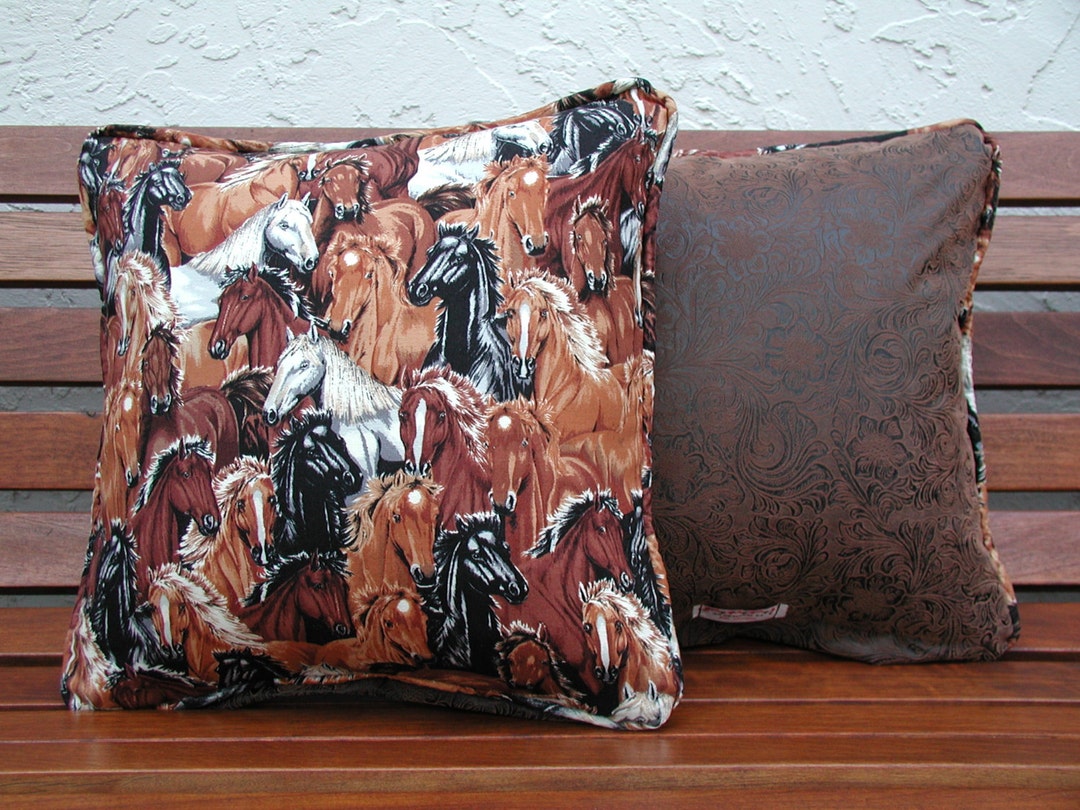 Horse Pillow Set, Wild Horse's Pillows, Faux Tooled Leather, Horse ...