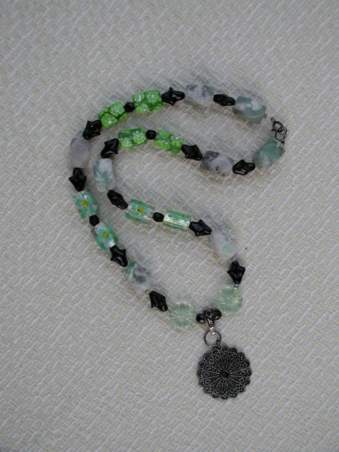 Medallion Pendant Green and Black Engraved Round Floret - Etsy