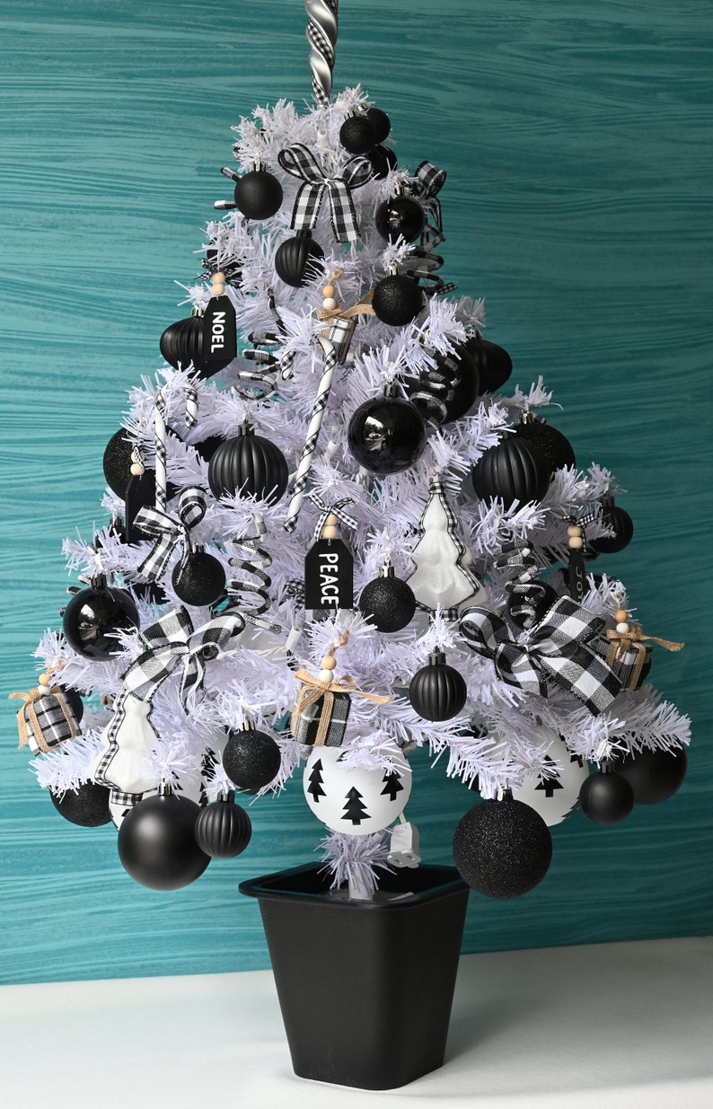 White Christmas Tree, Black and White, 3 FT Plus Tall, Table Top Tree ...