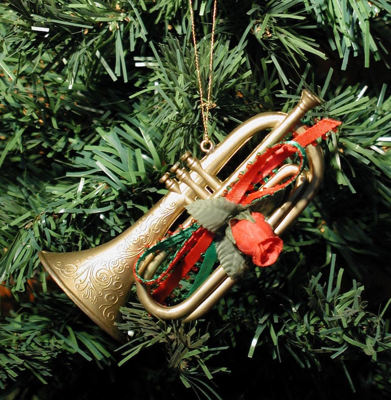Golden Musical Instruments, Christmas Ornaments, Set of 4 Horns in Rosy ...