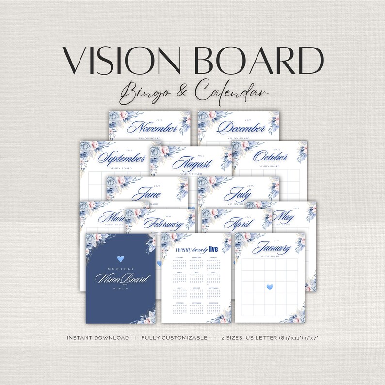 2025 Monthly Vision Board Bingo and Calendar | Editable Goal Planner ...