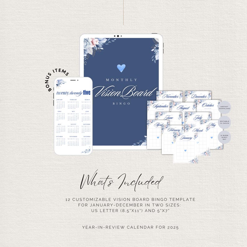 2025 Monthly Vision Board Bingo and Calendar | Editable Goal Planner ...