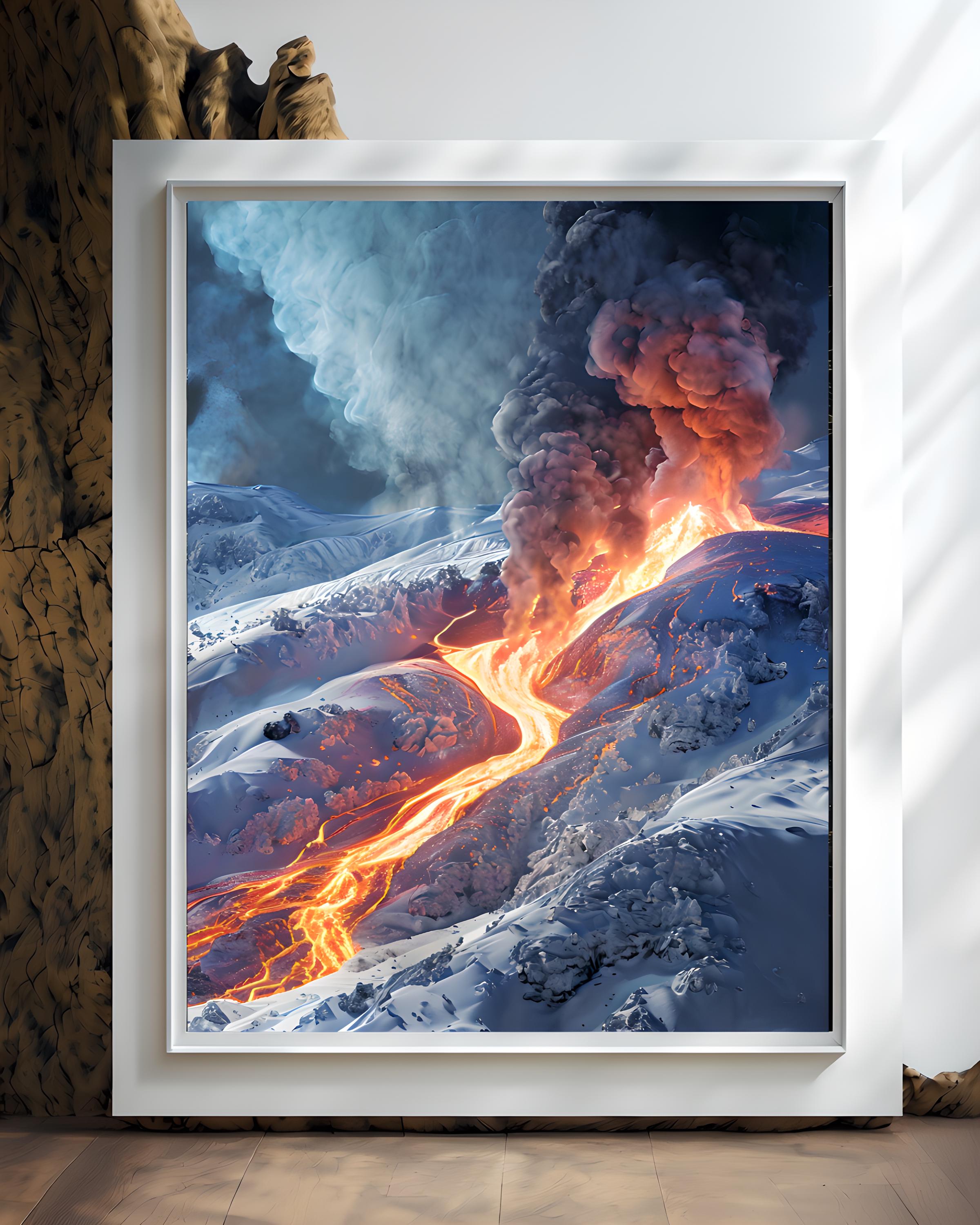 Volcano Eruption Art Print: Fiery Lava Flow, Snowy Peaks - Etsy