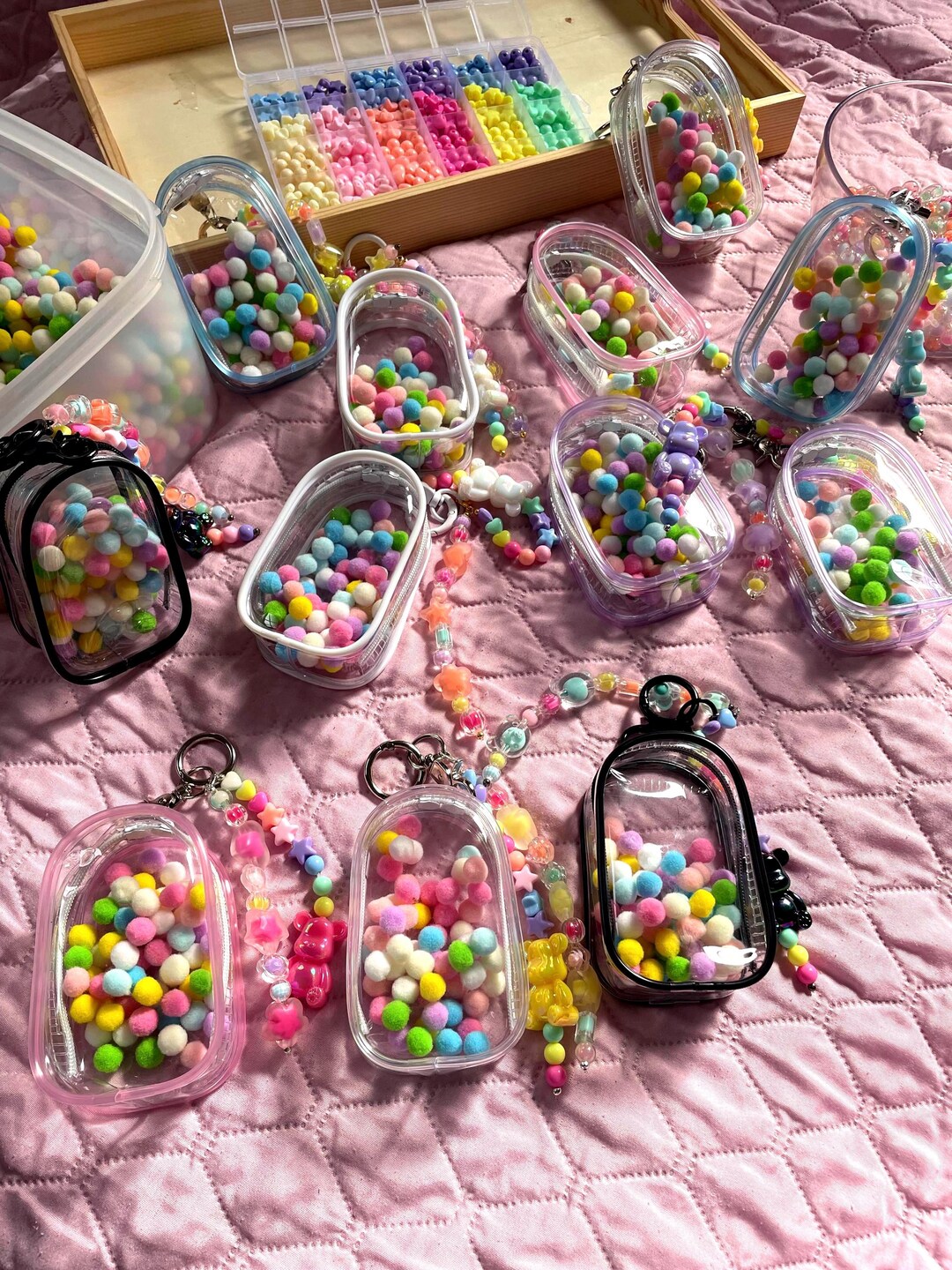Kawaii Harajuku Y2K Mini Jelly Pouch With Beaded Bear Keychain - Sonny ...