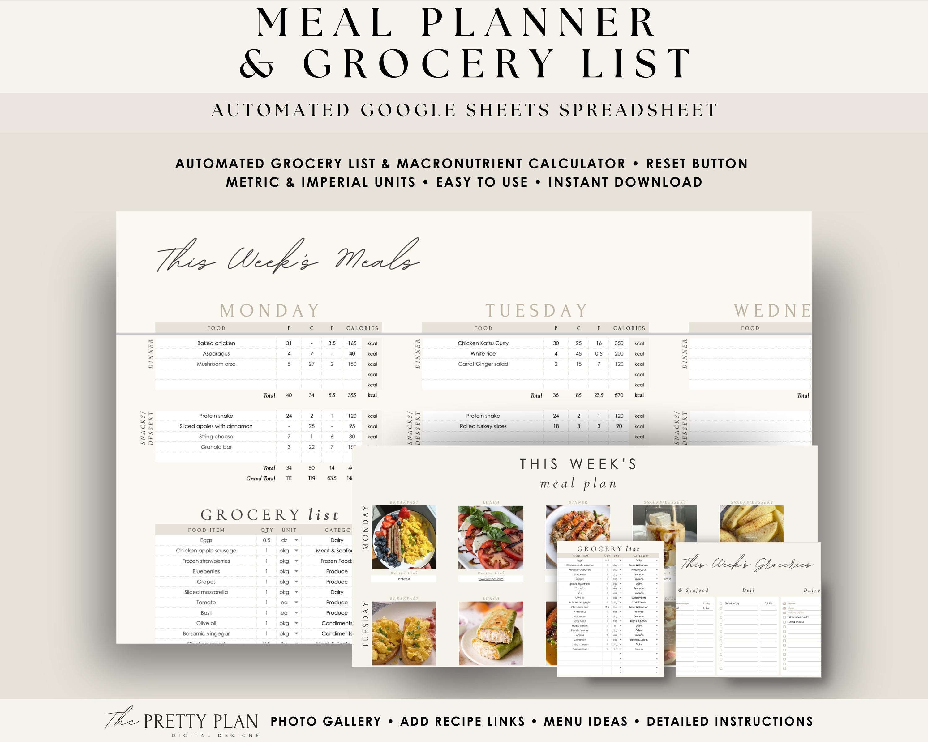 Digital Weekly Meal Planner Google Sheet Grocery List Printable ...