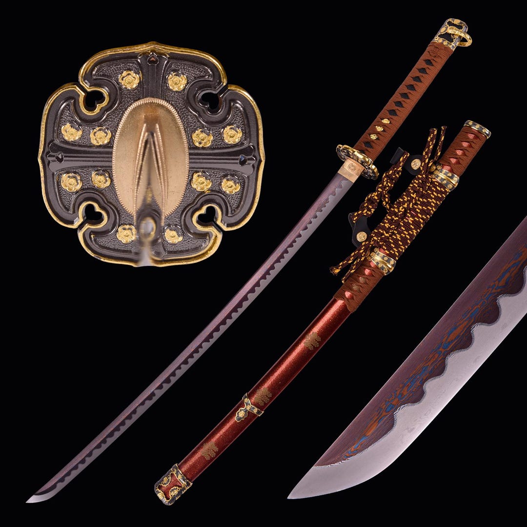 Handmade Real Japanese Tachi - Hand Forged Full Tang Damascus Steel Red ...
