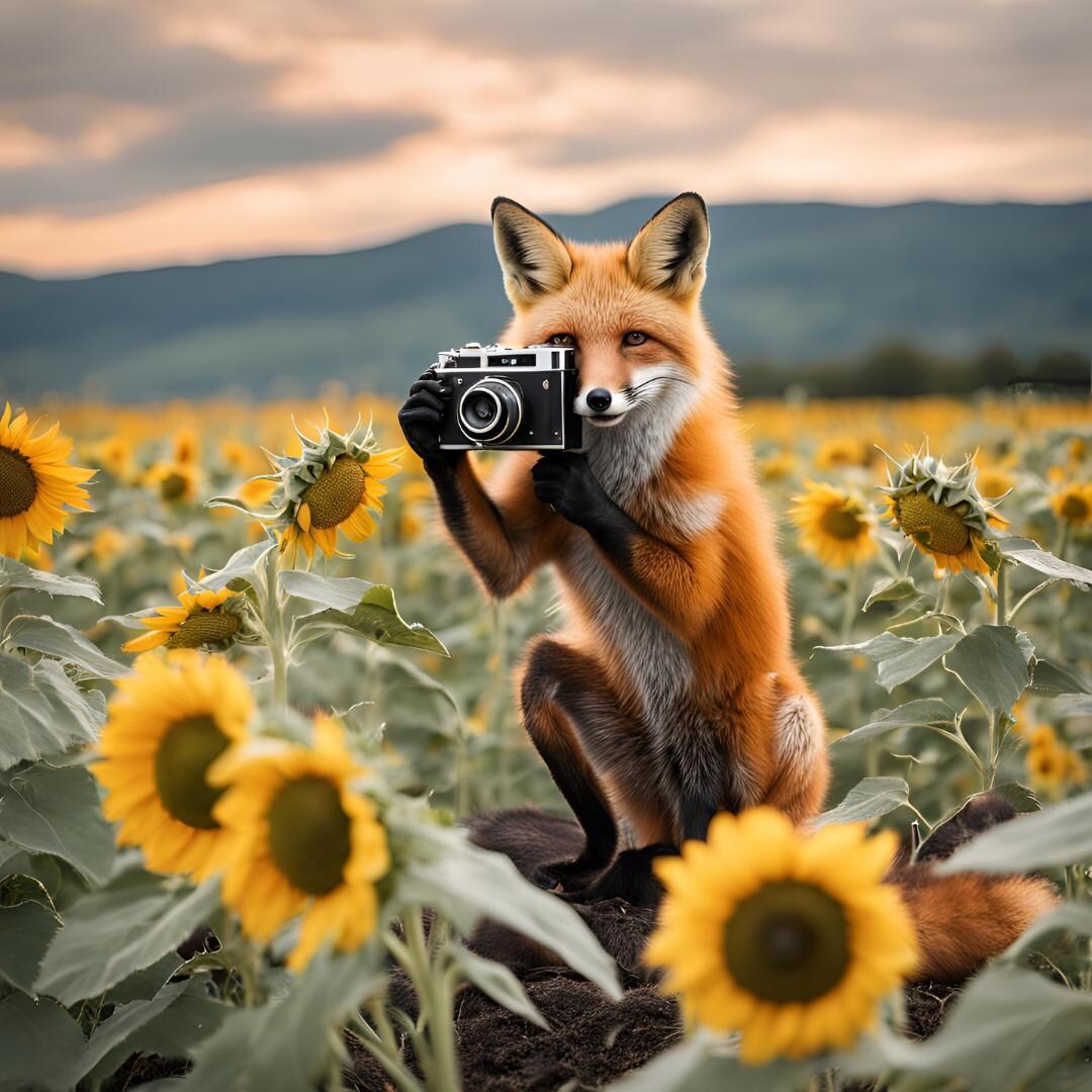 Fox Taking Pictures of Sunflowers (PNG) - Etsy