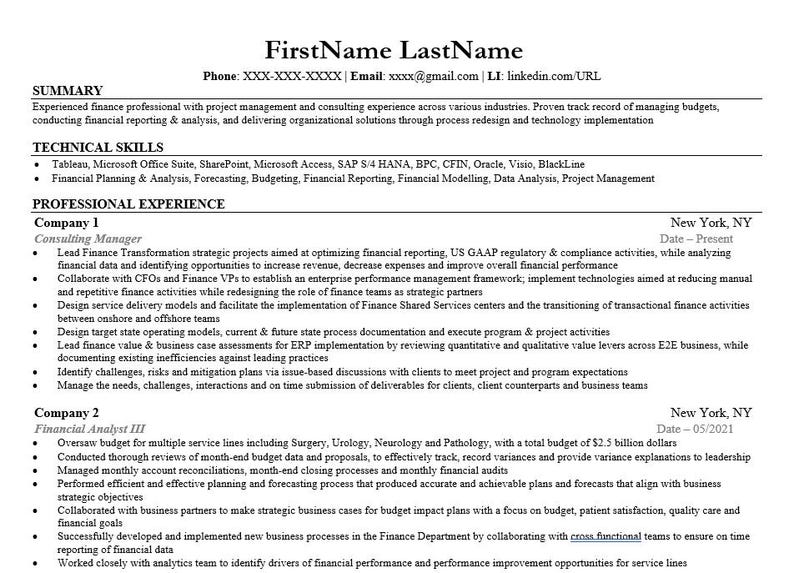 Prefilled Sample Resume Consulting/finance/strategy/healthcare - Etsy