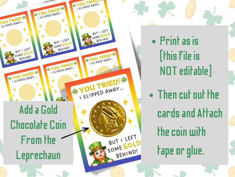 Leprechaun Trap Gold Coin Card Printable | St Patrick’s Day Candy Tag ...