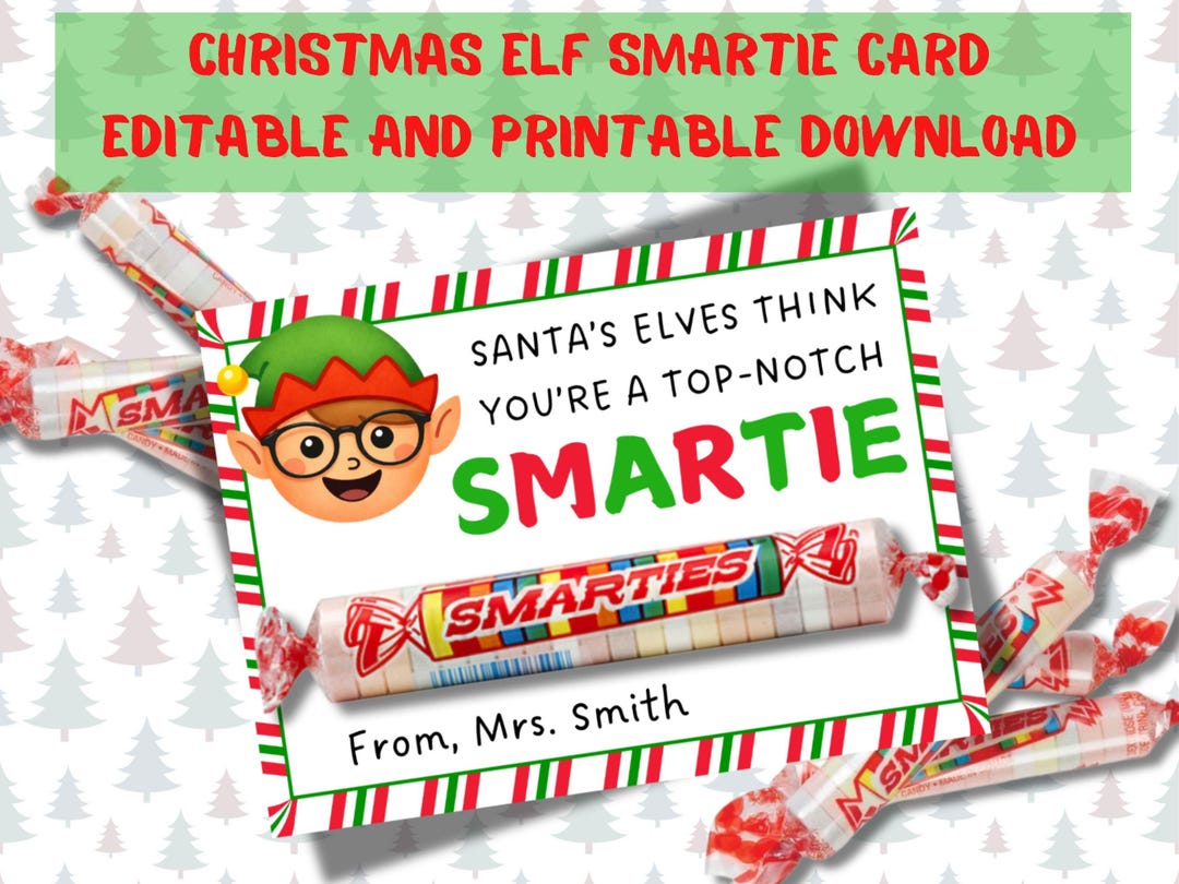 Elf Smartie Christmas Candy Card | Printable Holiday Classroom Treat ...