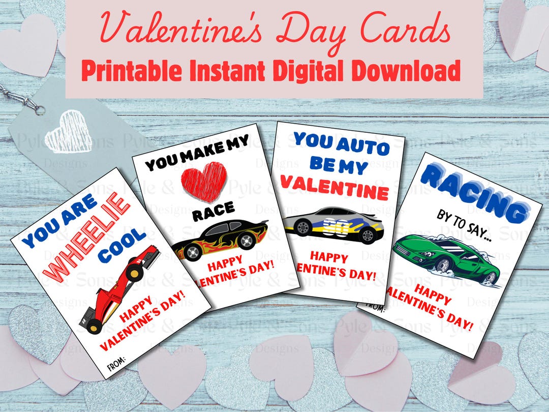 Race Car Valentine Cards Printable Instant Download Digital Download ...