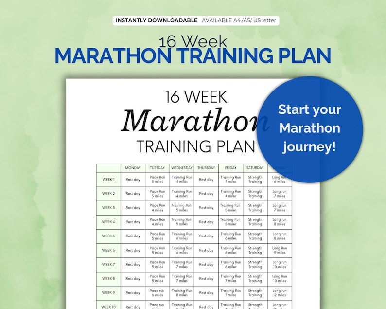Printable 16 Week Marathon Training Plan, Running Guide, Cardio Tracker ...