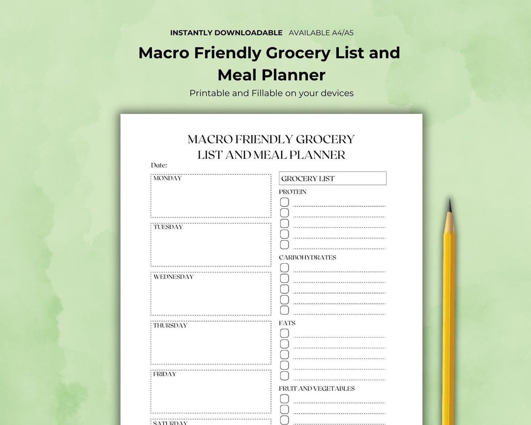 Macro Friendly Grocery List With Meal Plan Printable Template, Food ...