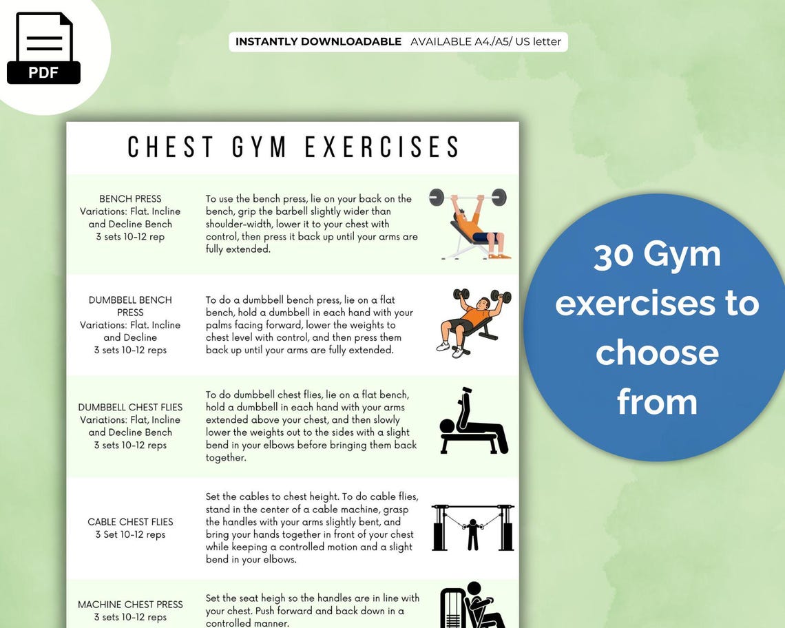 Gym Workout Guide Printables | 5 Workout Exercise Charts for Each ...