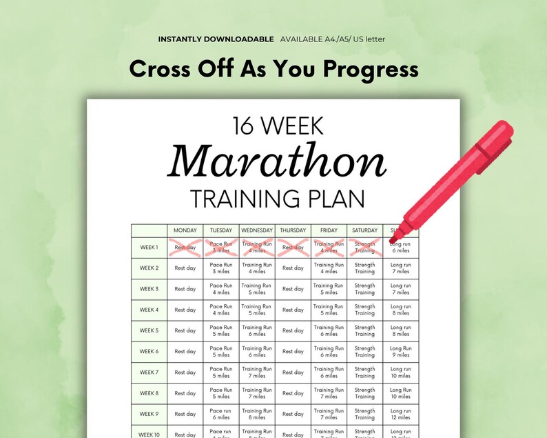 Printable 16 Week Marathon Training Plan, Running Guide, Cardio Tracker ...