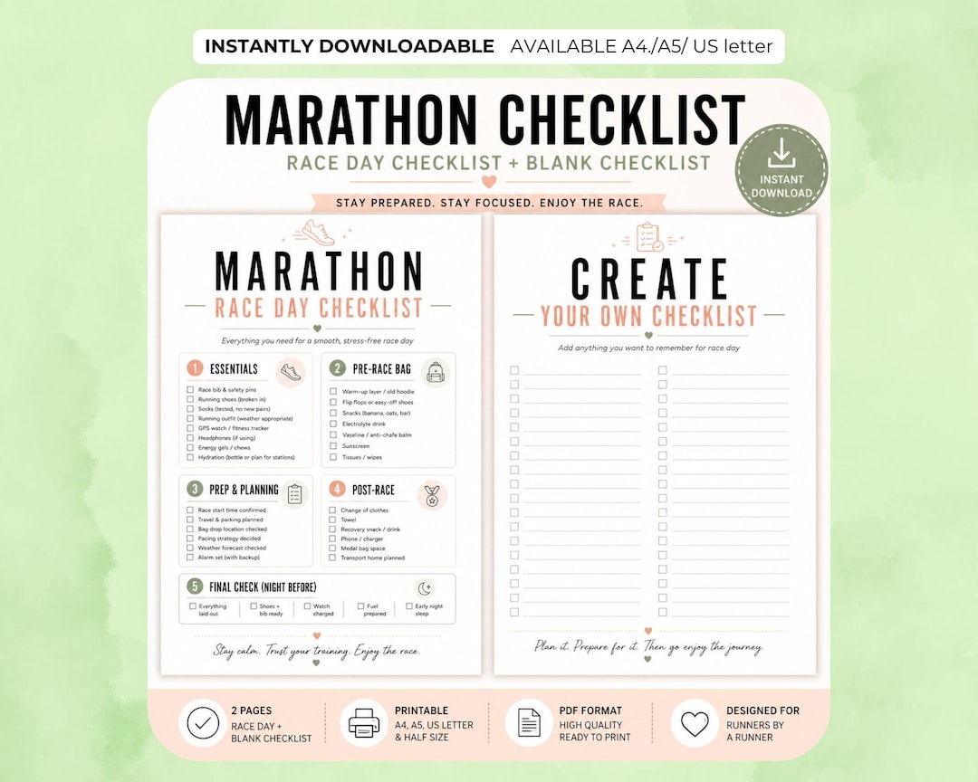 Marathon Checklist, Race Day Essentials, Running Planner (instant ...
