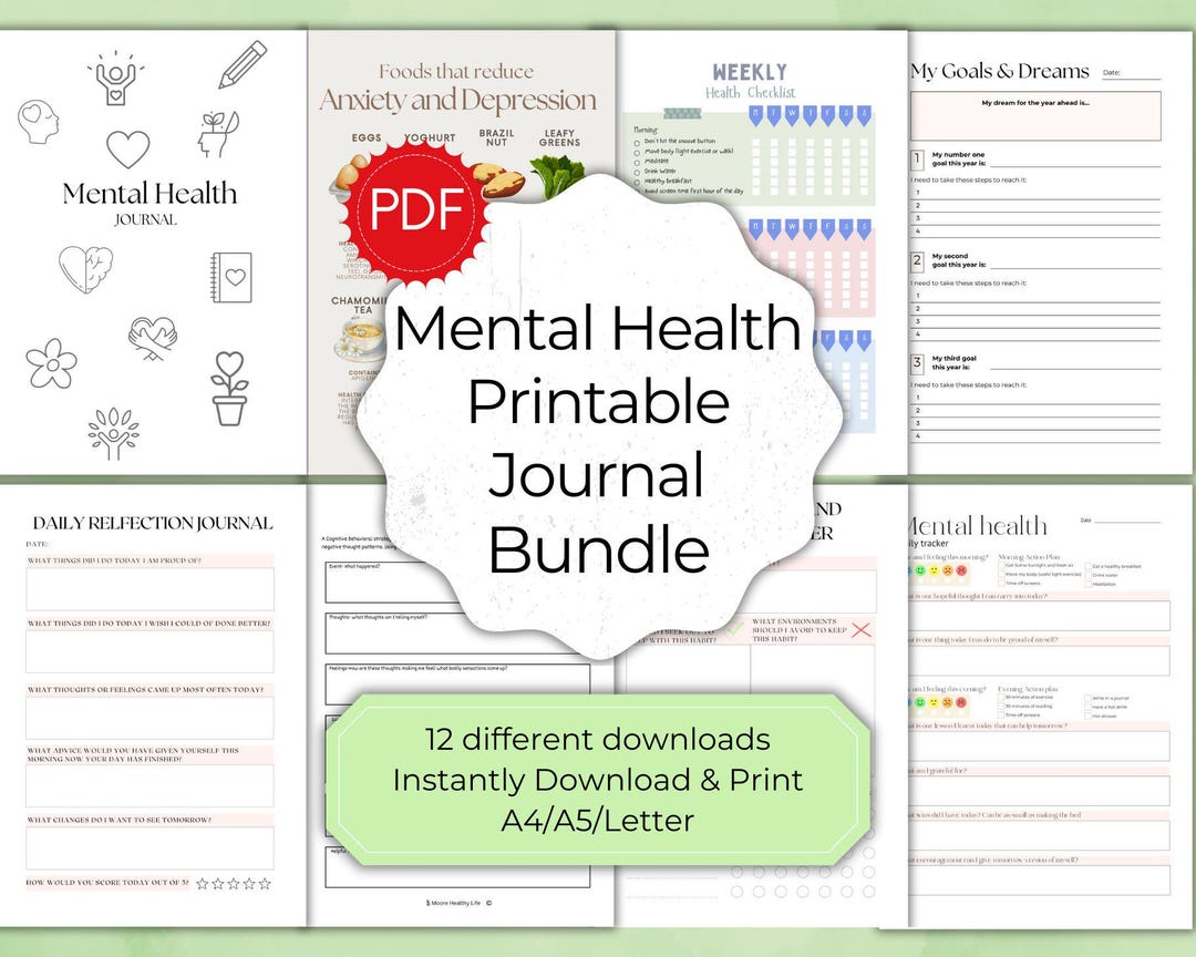 Mental Health Printable Journal Bundle, Self Care Journal, Anxiety ...