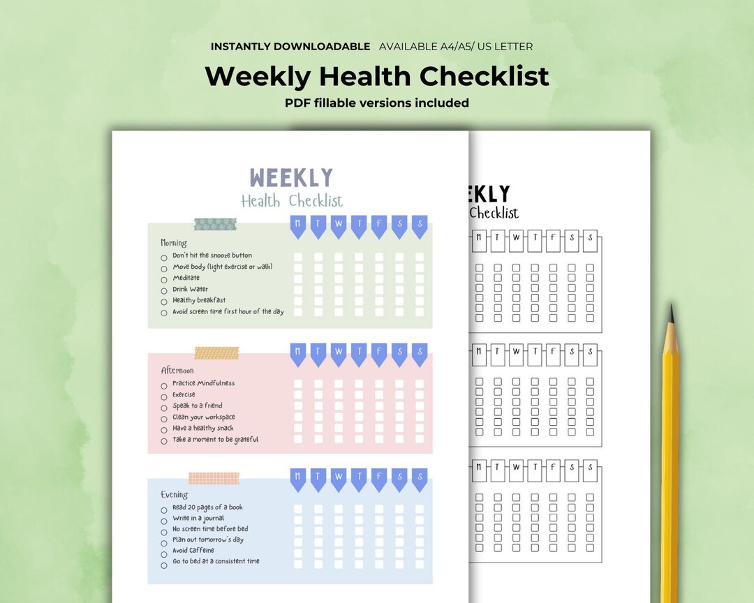 Weekly Health Checklist, Self-care Checklist, Health Planner, Health ...