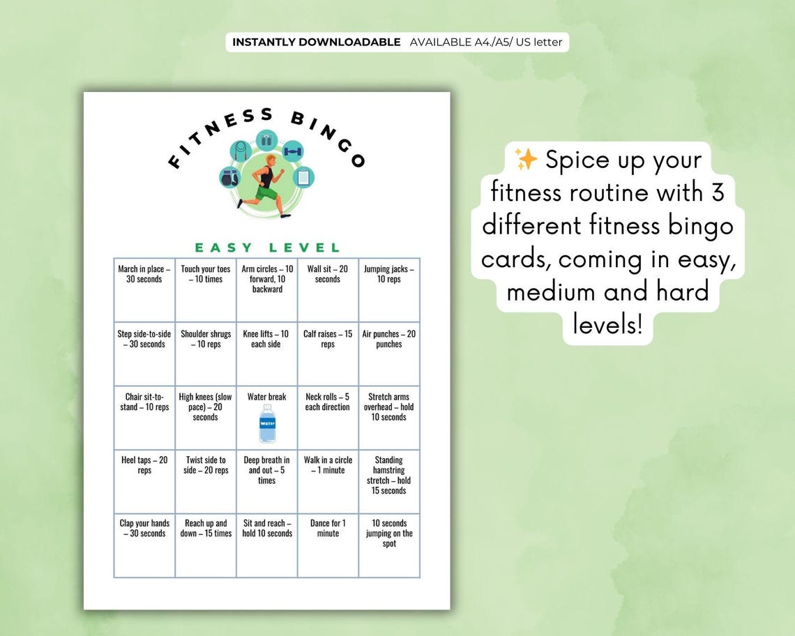 Fitness Bingo Cards Set | Easy, Medium & Hard Difficulty | Printable ...