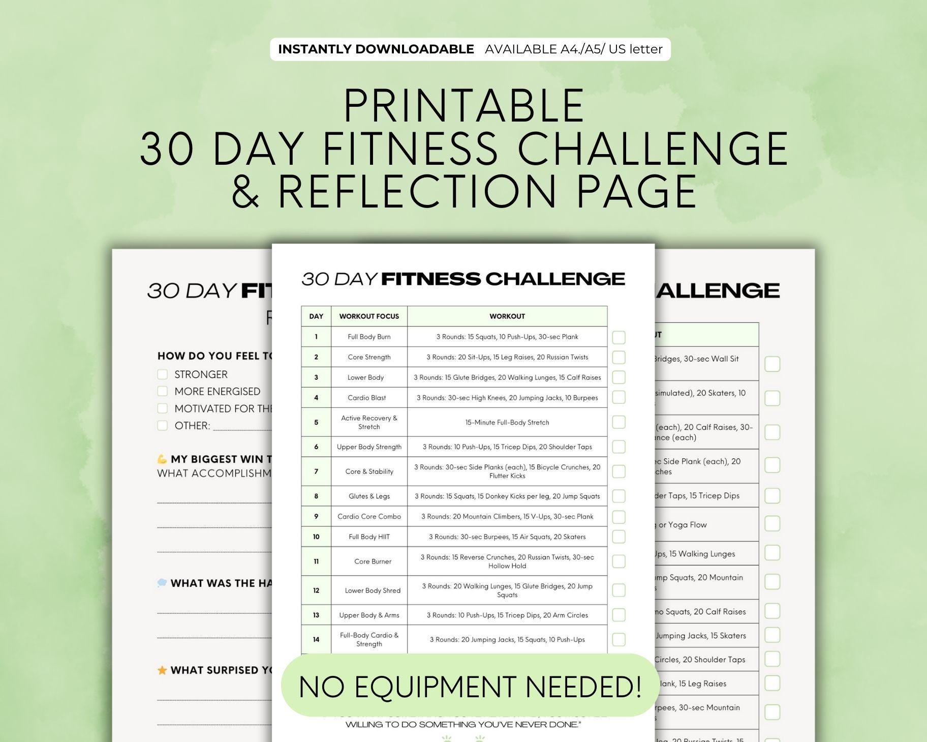 30-day Fitness Challenge Printable | Full Body Home Workout Plan | No ...