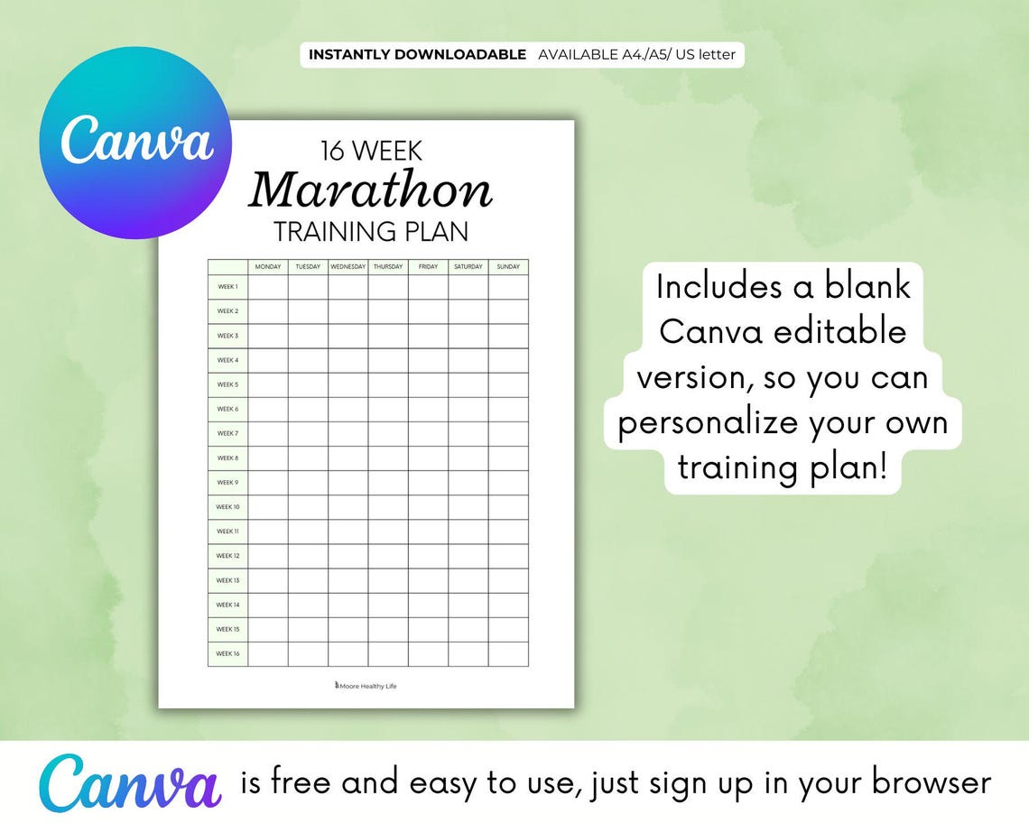 Printable 16 Week Marathon Training Plan, Running Guide, Cardio Tracker ...