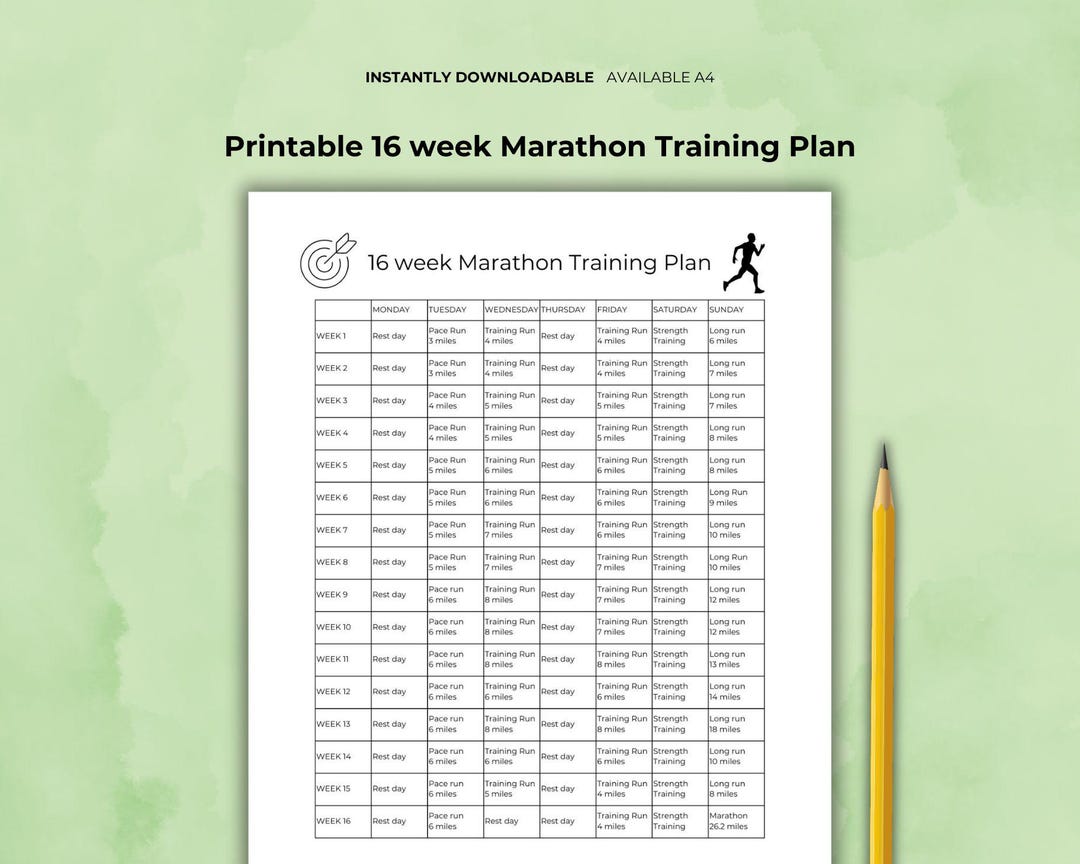 Printable 16 Week Marathon Training Plan, Running Guide, Cardio Tracker ...