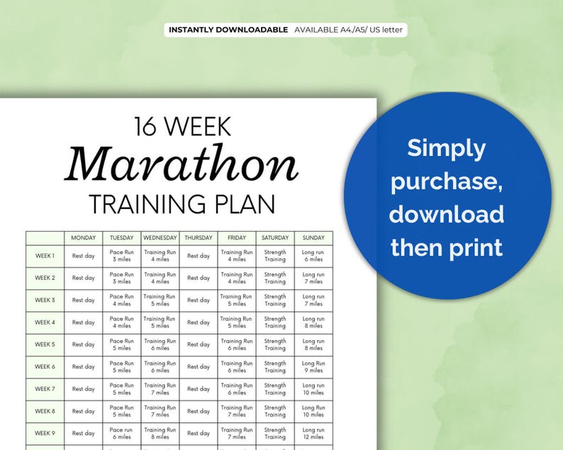 Printable 16 Week Marathon Training Plan, Running Guide, Cardio Tracker ...